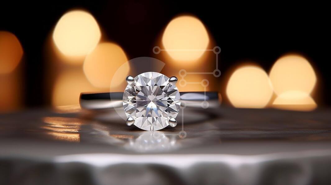 Romantic Diamond Engagement Ring on Ornamental Table stock photo ...