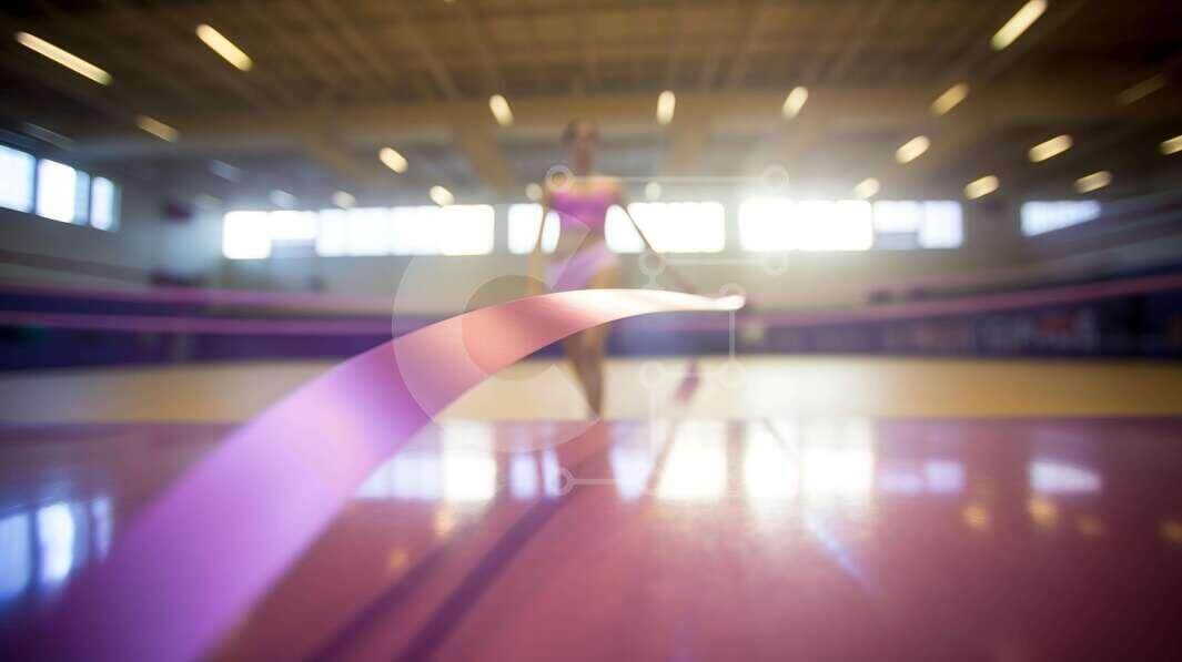 Gymnastics Performance with Pink Ribbon in Indoor Gym stock photo ...