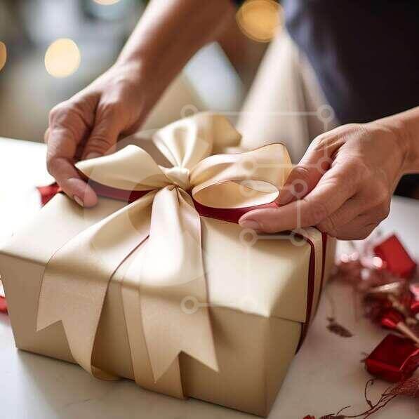 Festive Gift Wrapping with Gold and Red stock photo | Creative Fabrica