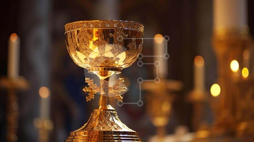 Gold Goblet and Candles for Consecration of the Eucharist stock photo ...