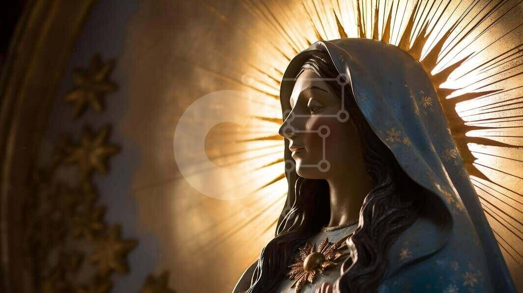 Statue of the Virgin Mary in front of an Illuminated Starry Sky stock ...