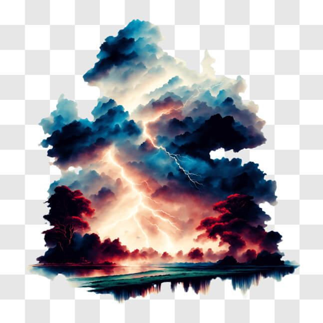 Download Abstract Painting: Stormy Sky with Lightning, Trees, and ...