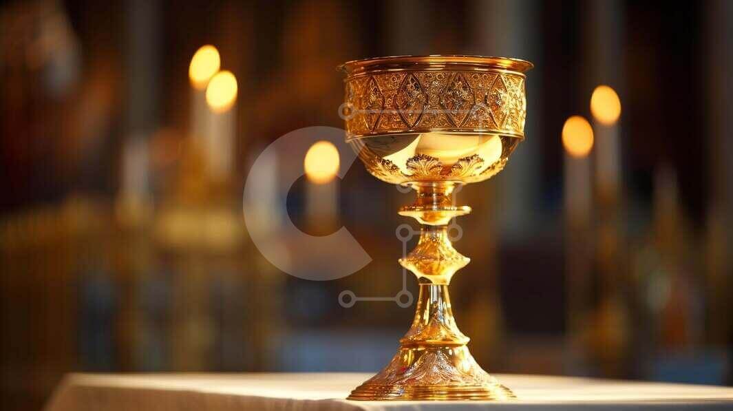Cáliz Dorado en el Altar con Velas fotos de archivo | Creative Fabrica
