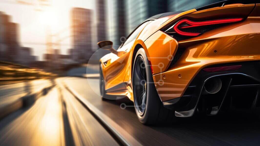 Speeding Orange Sports Car on City Road stock photo | Creative Fabrica