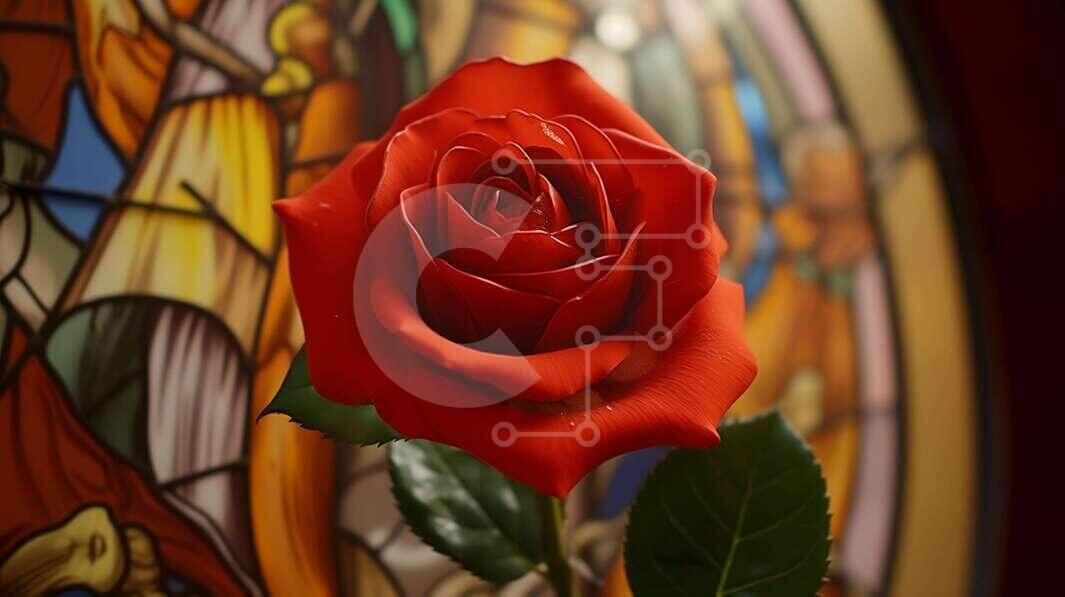 Romantic Red Rose against Stained Glass Window stock photo | Creative ...