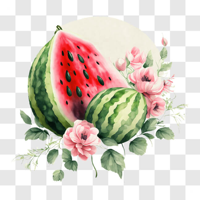 Download Watercolor Painting of Watermelons with Pink Flowers PNGs ...