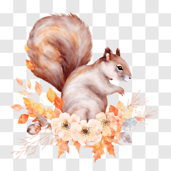 Download Squirrel Sitting on Autumn Flowers and Leaves PNGs Online ...