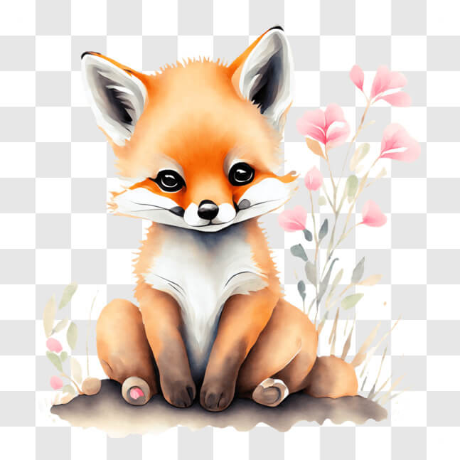 Download Cute Fox in Grass with Pink Flowers PNGs Online - Creative Fabrica