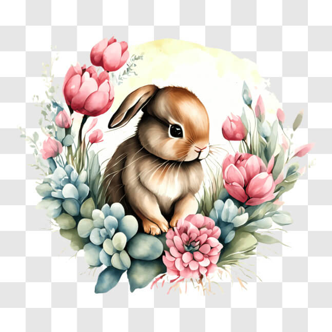 Download Cute Bunny Rabbit Surrounded by Flowers and Succulents PNGs ...