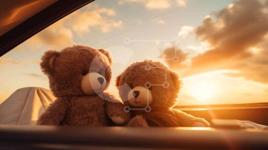 Teddy Bears Enjoying a Car Ride at Sunset stock photo | Creative Fabrica