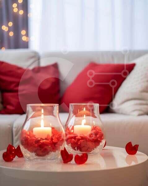 Romantic Coffee Table Decor with Candles and Hearts stock photo ...
