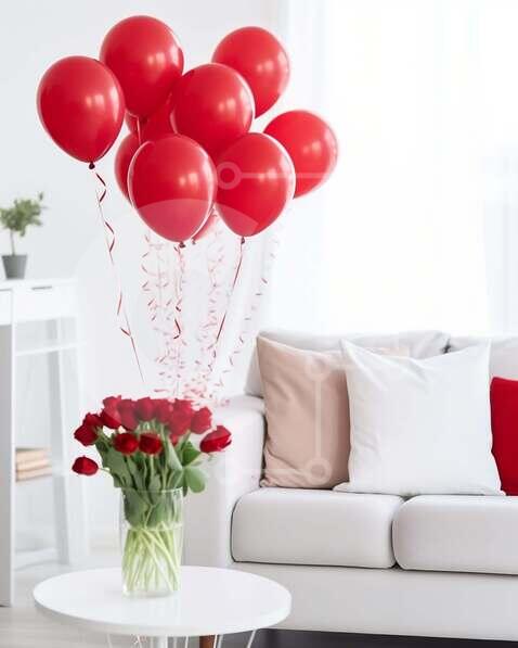 Romantic Living Room with Red Roses and Balloons stock photo | Creative ...