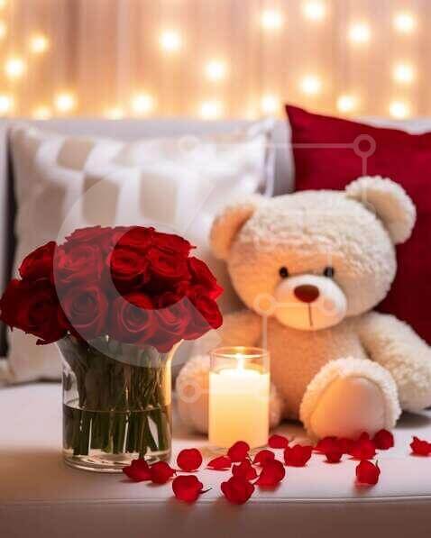 Romantic Teddy Bear with Red Roses on a Couch stock photo | Creative ...