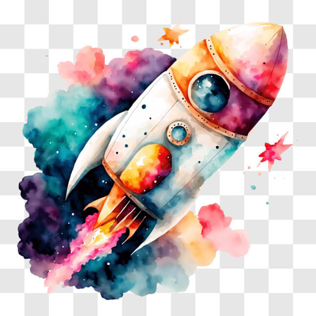 Download Watercolor Rocket Ship in Space with Stars and Clouds PNGs ...
