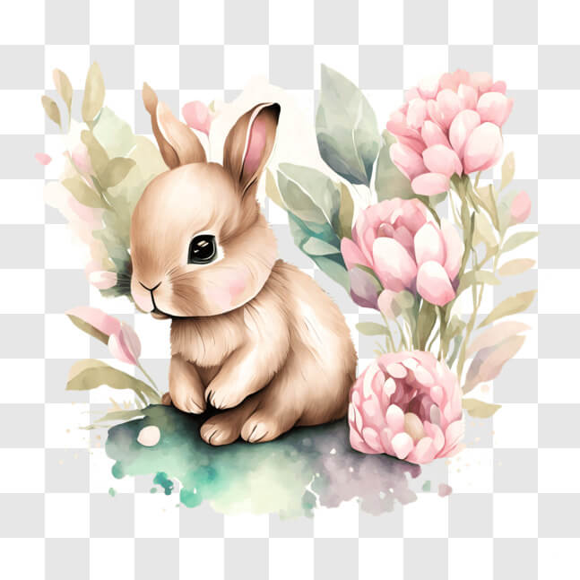 Download Cute bunny surrounded by pink flowers and leaves PNGs Online ...