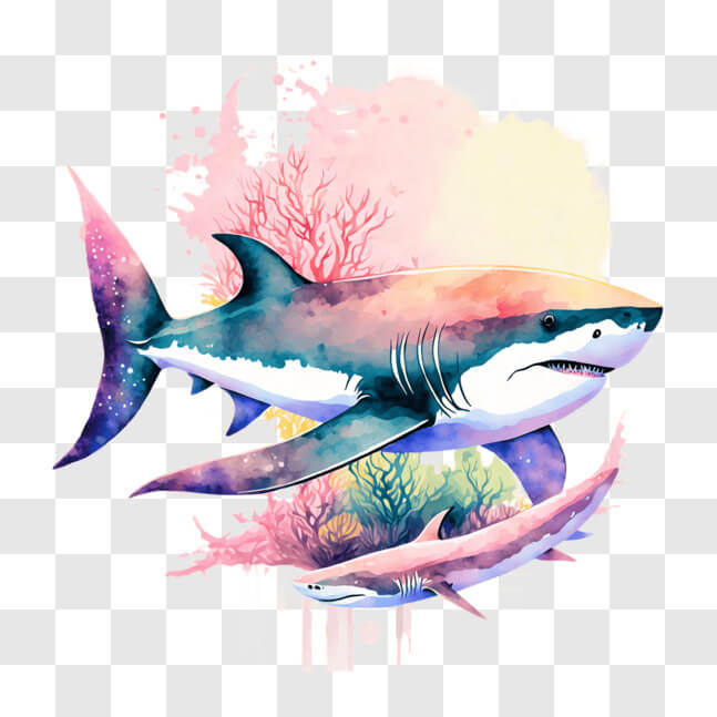 Download Watercolor Painting of Sharks Swimming in the Ocean with ...