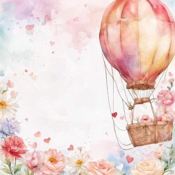 Download Watercolor Hot Air Balloon with Flowers and Hearts Backgrounds ...