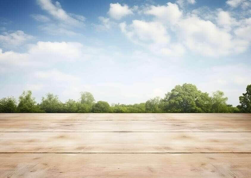 Download Empty Wooden Floor with Blue Sky and Trees Backgrounds Online ...