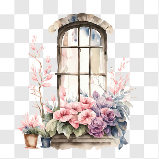 Download Window with Pink Flowers and Potted Plants Painting PNGs ...