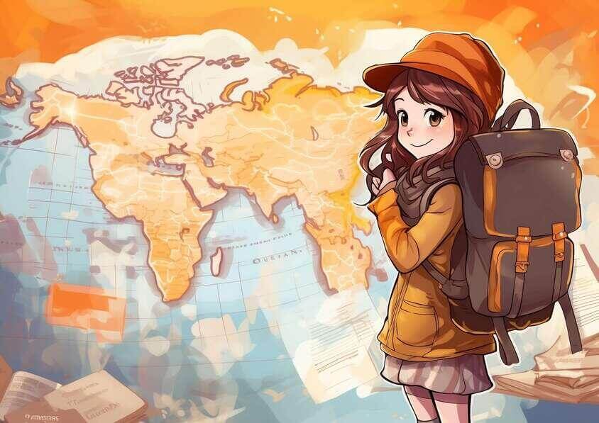 Download Cartoon Girl with Overstuffed Backpack and World Map ...