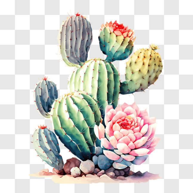 Download Watercolor Painting of Cactus Plants with Pink Flowers and ...