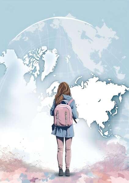 Download Young Girl Exploring the World with Backpack and World Map ...