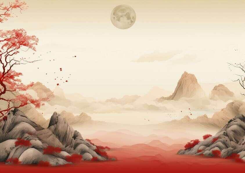 Download Beautiful Asian Landscape with Red Trees and Mountains ...