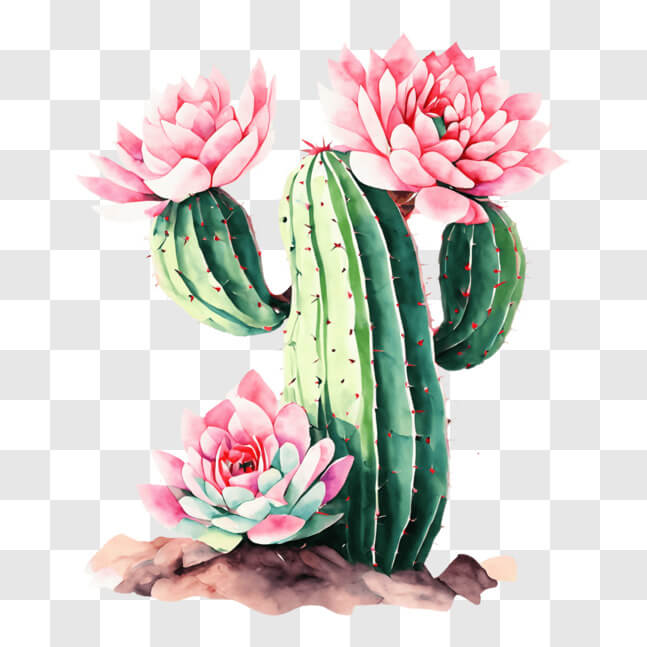 Download Pink Cactus Watercolor Painting with Blooming Flowers PNGs ...