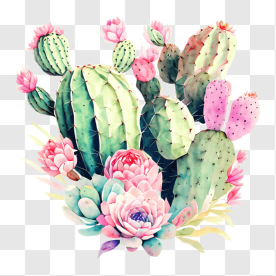 Download Watercolor Cactus Plants with Pink and White Flowers PNGs ...