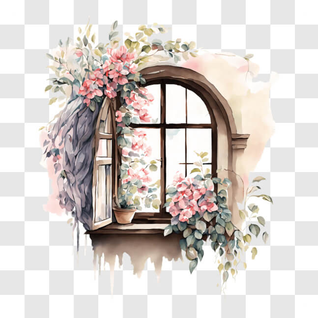 Download Watercolor Painting of Open Window with Flowers and Plants ...