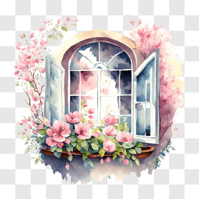 Download Watercolor Painting of Open Window with Pink Flowers PNGs ...