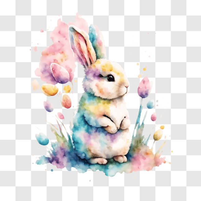 Download Watercolor Bunny Sitting in Grass with Colorful Tulips PNGs ...
