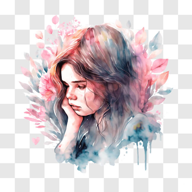 Download Watercolor painting of a Sad and Depressed Young Woman PNGs ...