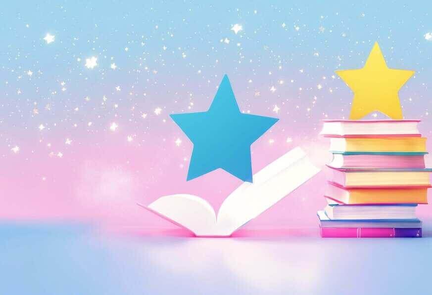 Download Stack of Books and Open Book with Floating Star-Shaped Paper ...