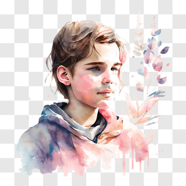 Download Watercolor Painting of a Young Boy with Pink Hair and Flowers ...