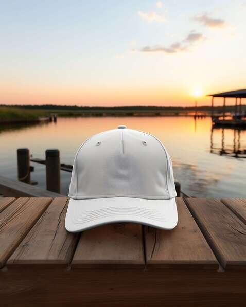 Download White Baseball Cap on Outdoor Wooden Table with Water and ...