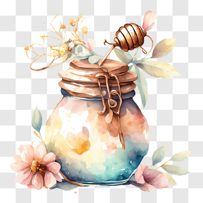 Download Watercolor Painting of Honey Jar with Flowers and Bees PNGs ...