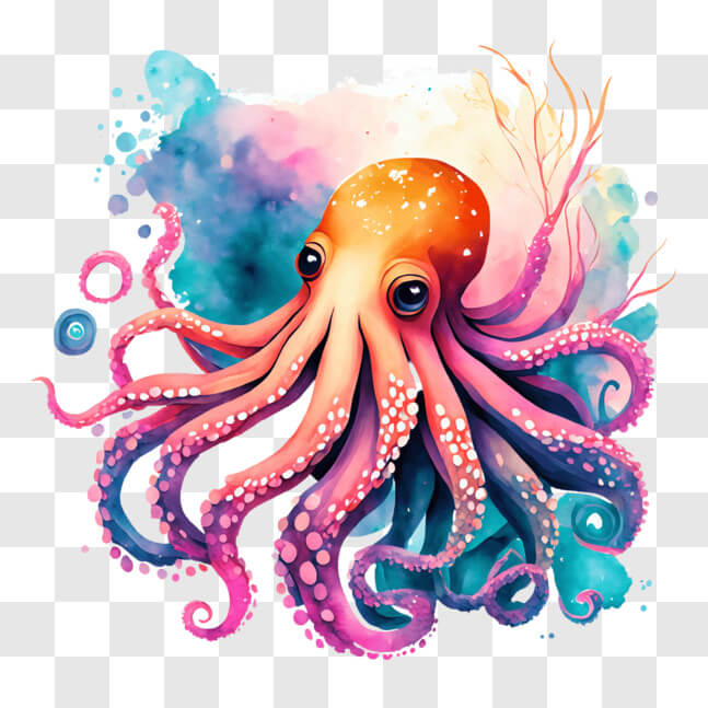 Download Colorful Octopus Swimming in Watercolor Background PNGs Online ...