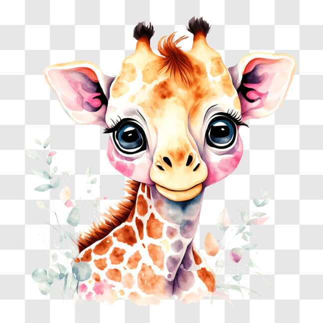 Download Cute Baby Giraffe Surrounded by Flowers and Plants PNGs Online ...