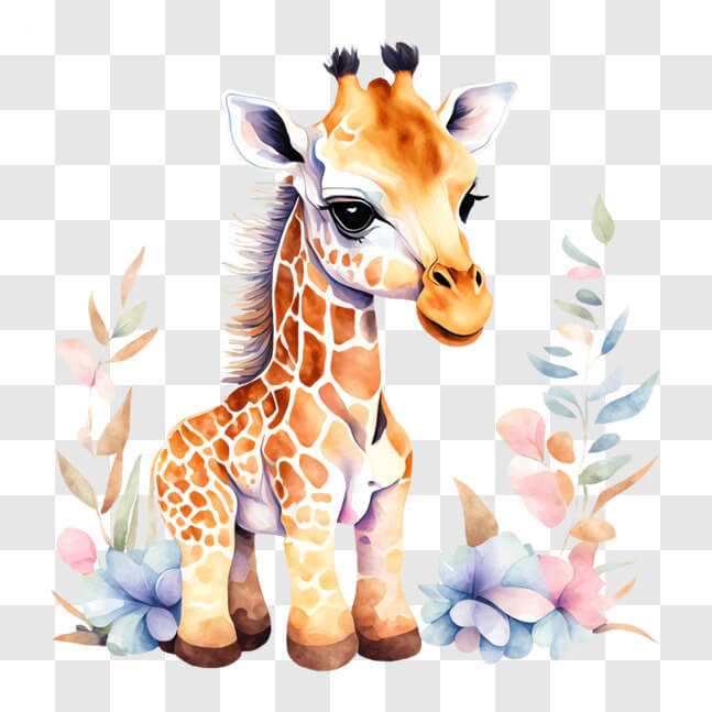Download Baby Giraffe in a Field of Colorful Flowers and Plants PNGs ...