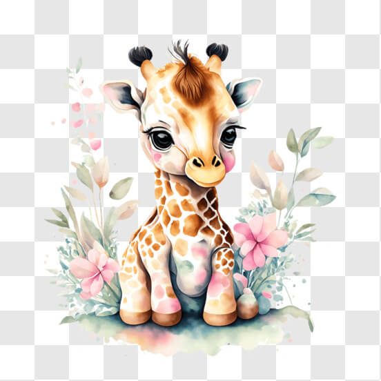 Download Cute Baby Giraffe Surrounded by Colorful Flowers and Plants ...
