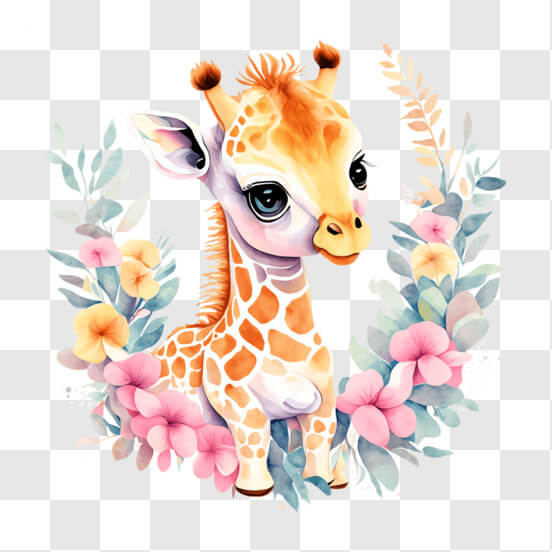 Download Cute Baby Giraffe Surrounded by Colorful Flowers and Plants ...