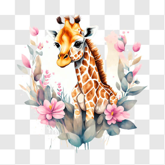 Download Cute Baby Giraffe Surrounded by Colorful Flowers and Plants ...