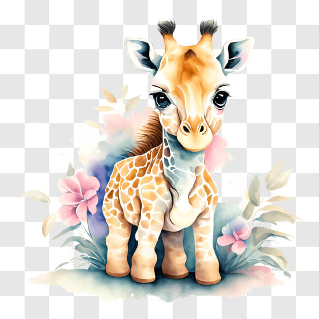 Download Cute Baby Giraffe Sitting Among Colorful Flowers PNGs Online ...