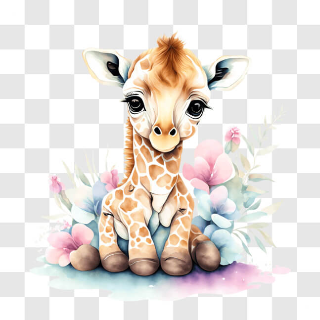 Download Adorable Baby Giraffe in a Field of Flowers PNGs Online ...