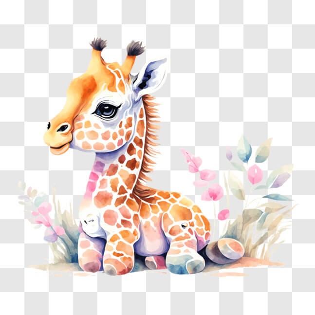 Download Cute Baby Giraffe in a Field of Flowers PNGs Online - Creative ...