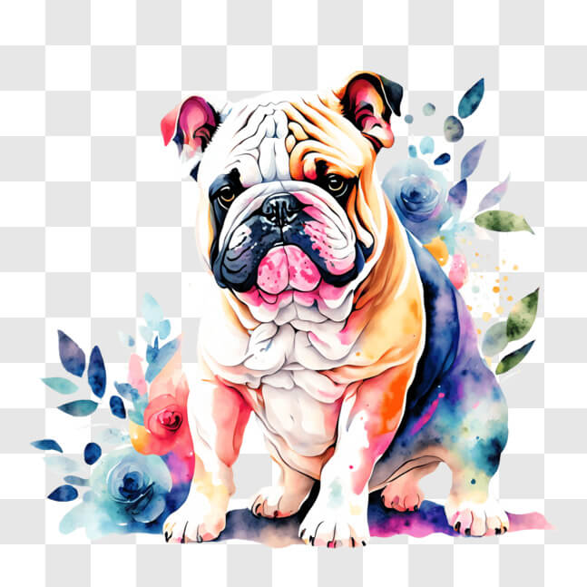 Download English Bulldog Watercolor Painting with Colorful Flowers PNGs Online - Creative Fabrica