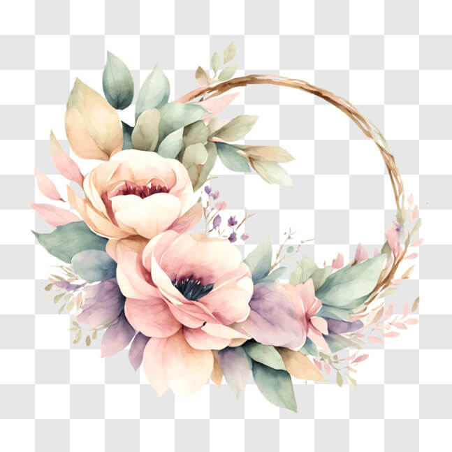 Download Watercolor Floral Wreath with Pink Flowers and Green Leaves ...