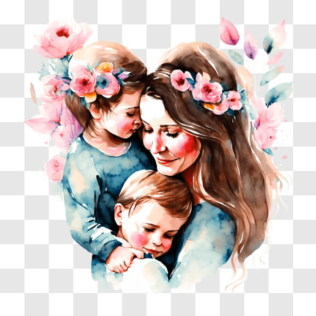 Download Nurturing Bond: Mother and Children in Watercolor Painting ...