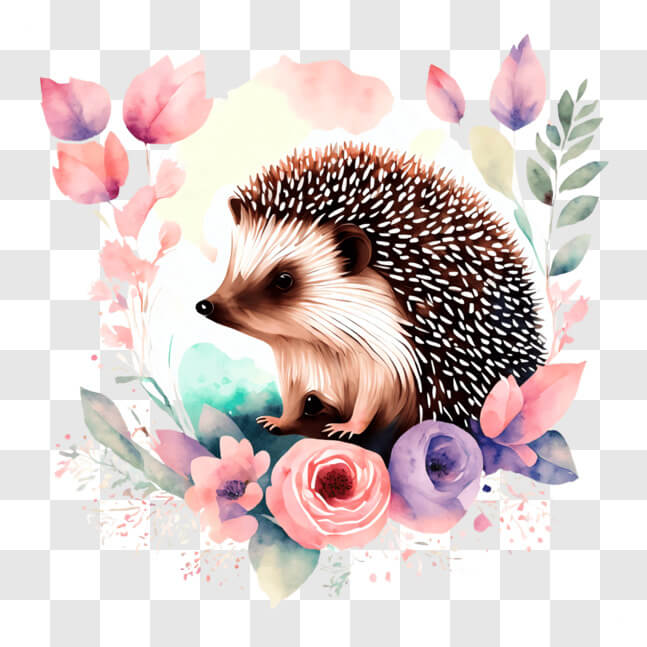 Download Watercolor Hedgehog with Flowers and Leaves PNGs Online ...